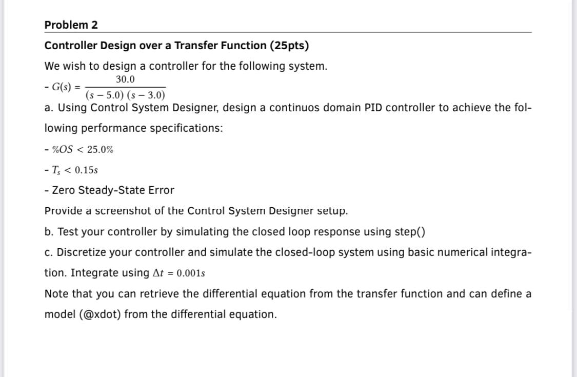Problem 2 Controller Design Over A Transfer Function Chegg