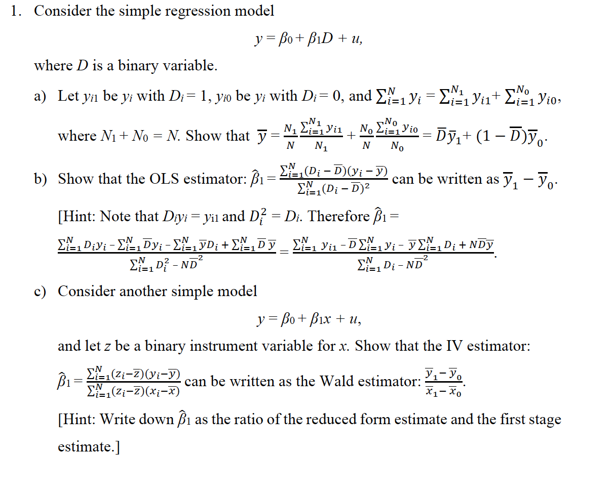 1. Consider the simple regression model y=β0+β1D+u, | Chegg.com