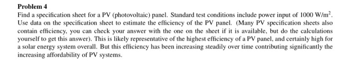 Solved Problem 4 Find a specification sheet for a PV | Chegg.com
