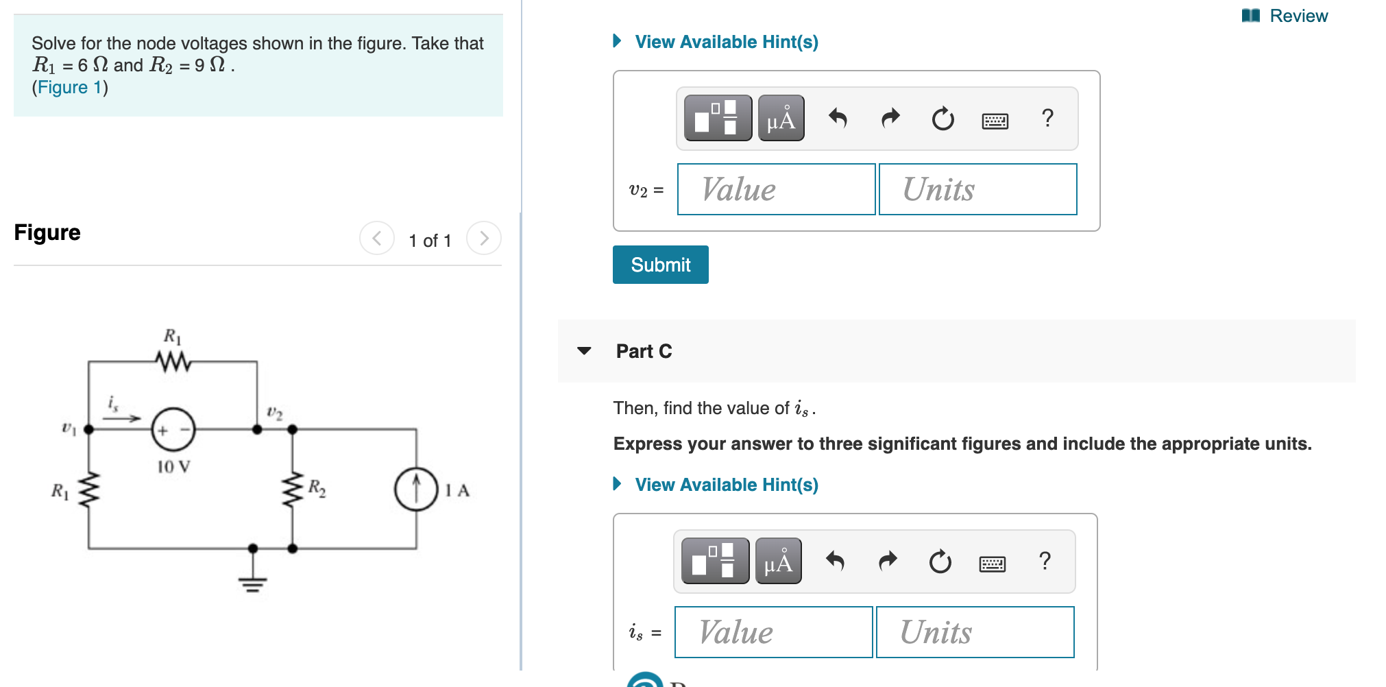 Solved 1 Review View Available Hint(s) Solve for the node | Chegg.com