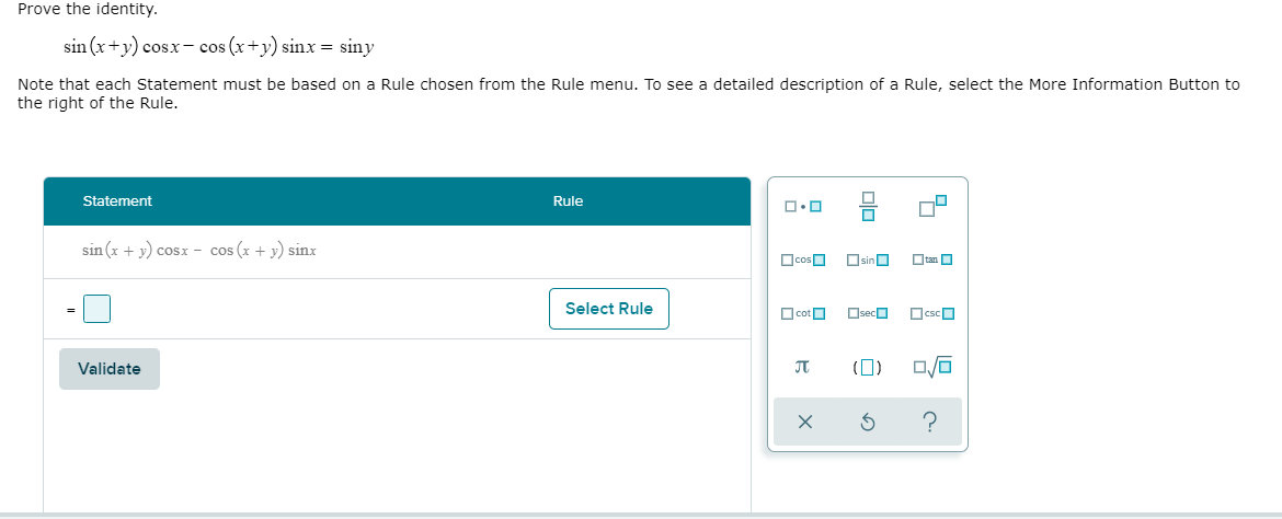 Solved Prove the identity. sin(x+y) cosx- cos (x+y) sinx = | Chegg.com