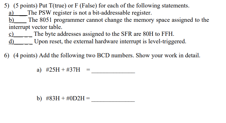 Solved 5) (5 points) Put \\( \\mathrm{T} \\) (true) or \\( | Chegg.com
