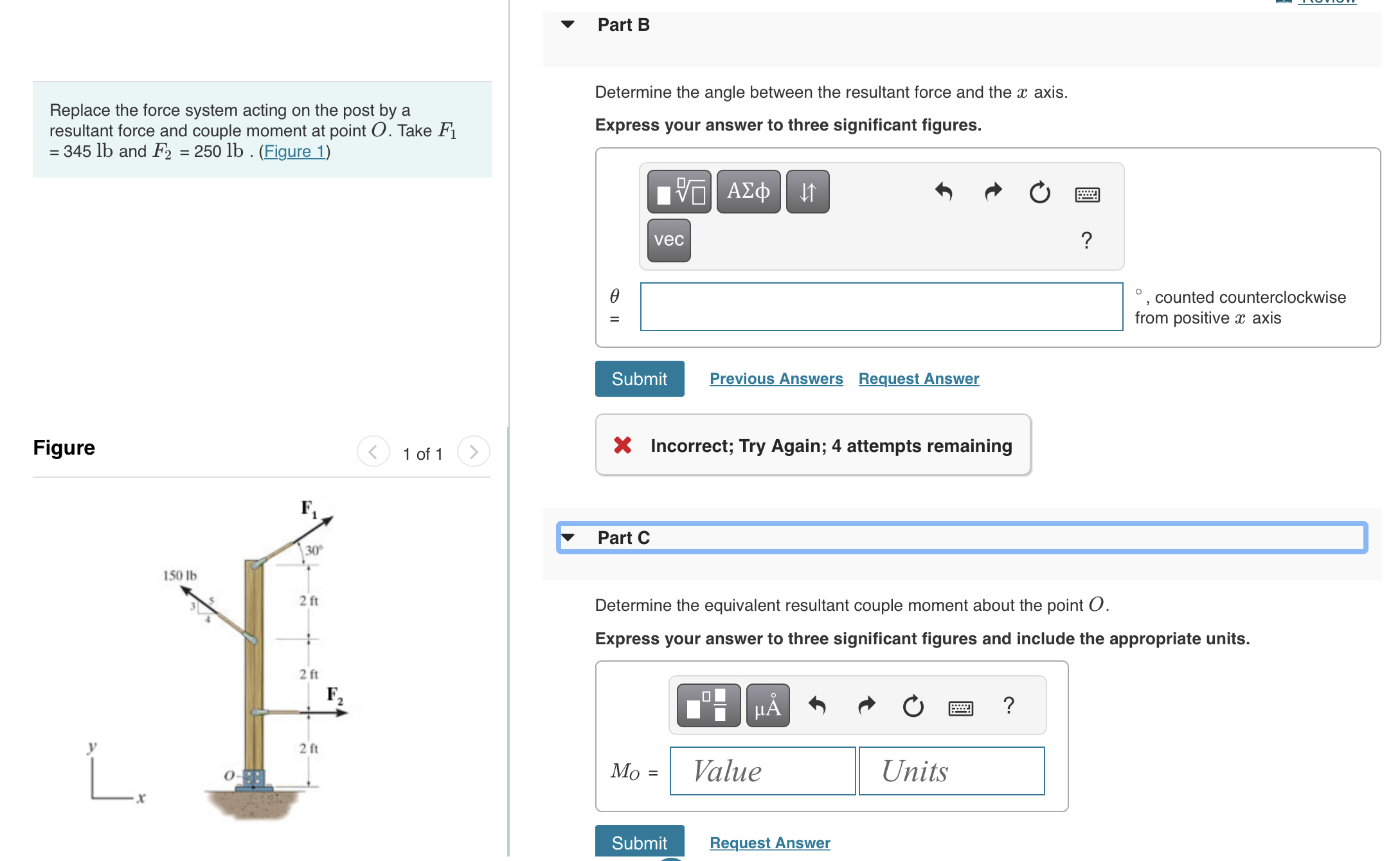 Solved Replace the force system acting on the post by a | Chegg.com