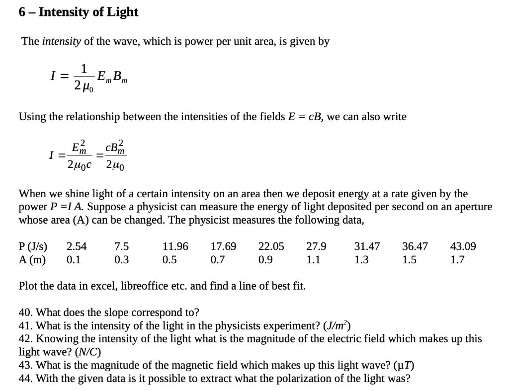 Solved 6 Intensity Of Light The Intensity Of The Wave Chegg