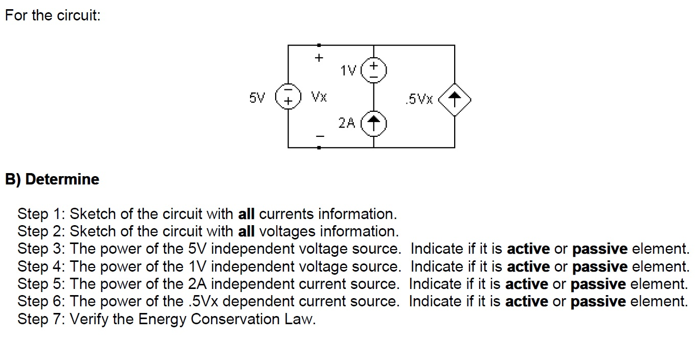 Solved For the circuit: 5v 1V(+ vx 2A .5Vx B) Determine Step | Chegg.com