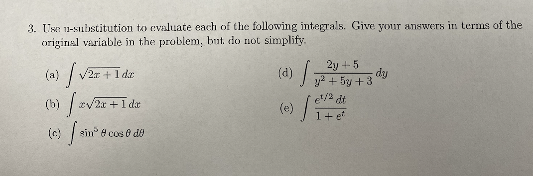 Solved 3. Use u-substitution to evaluate each of the | Chegg.com