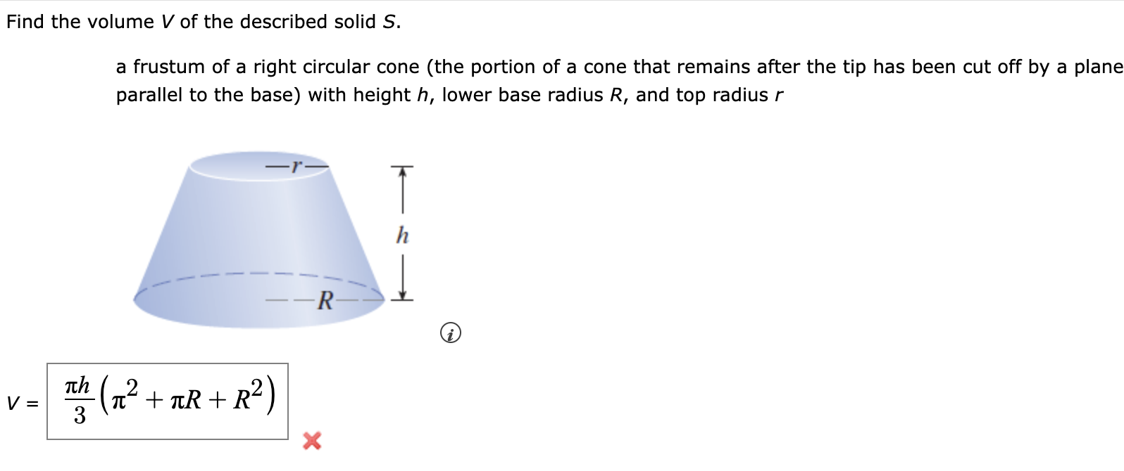 Solved Find the volume V of the described solid S. a frustum | Chegg.com