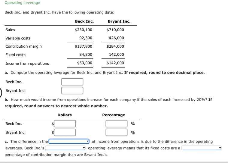 Solved Operating Leverage Beck Inc. and Bryant Inc. have the | Chegg.com