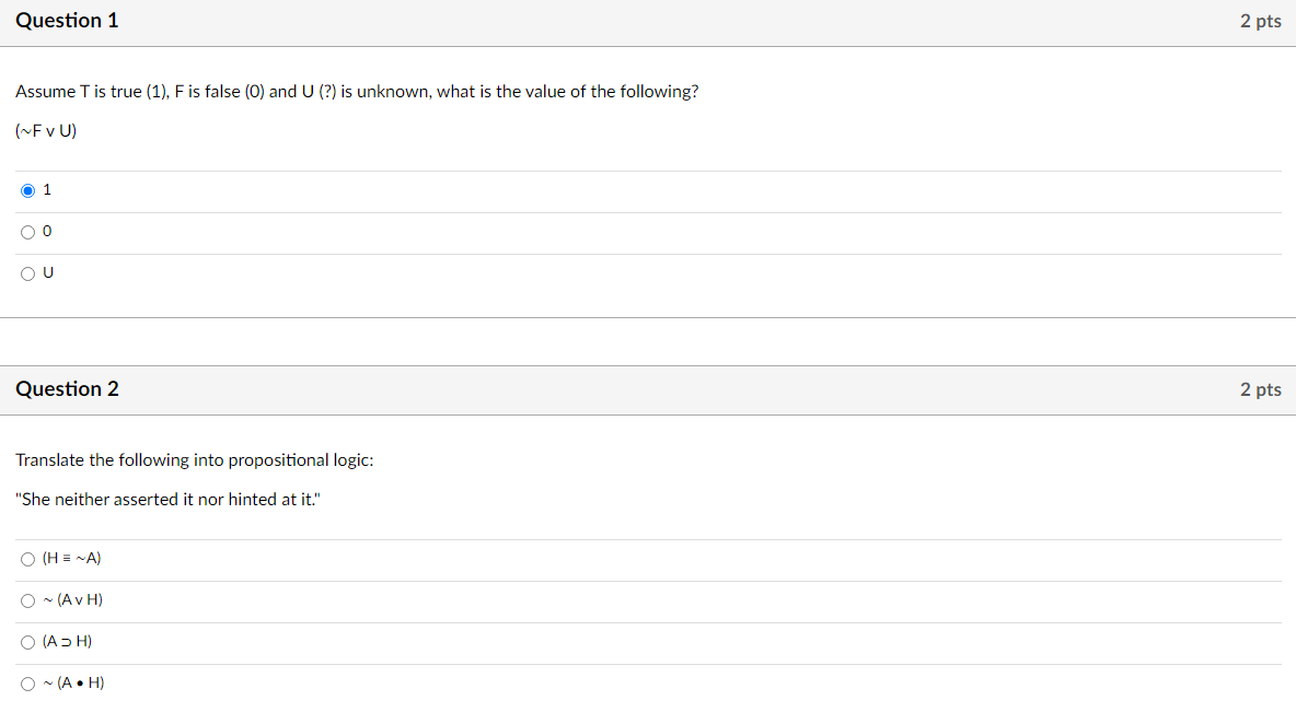 Solved Question 1 2 pts Assume T is true (1), F is false (0) | Chegg.com