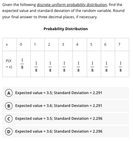 Solved Given the following discrete uniform probability | Chegg.com