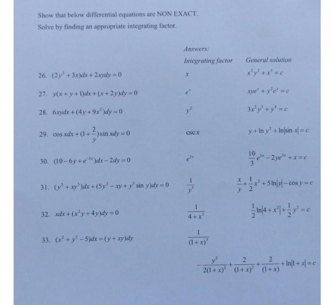 Solved Show that below differential equations are NON EXACT. | Chegg.com