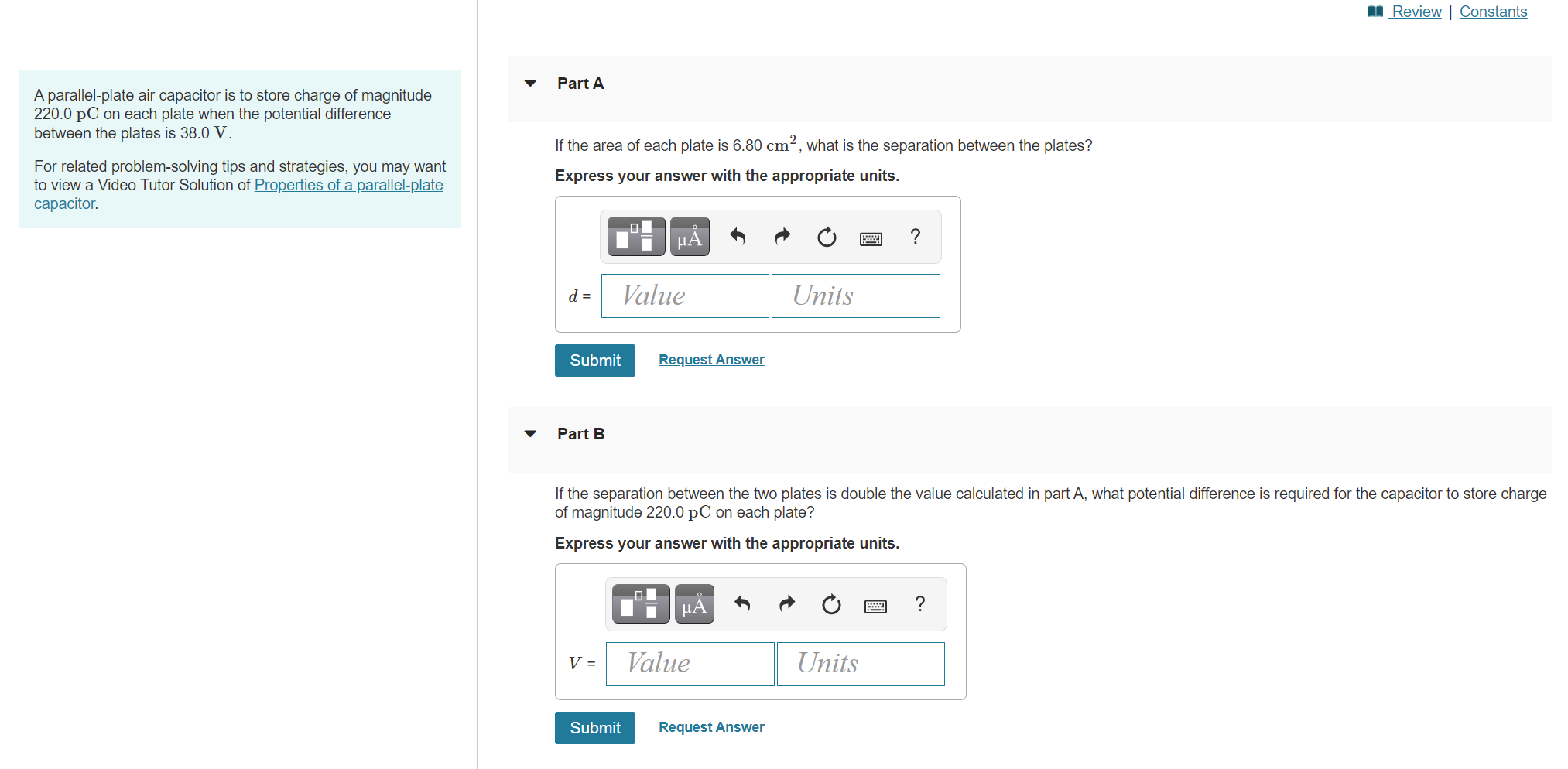 Solved n Review Constants Part A A parallel-plate air | Chegg.com