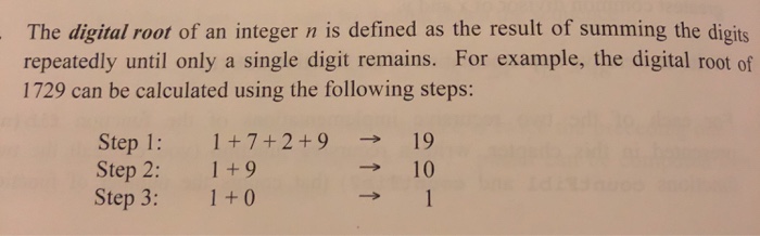 Solved The digital root of an integer n is defined as the | Chegg.com