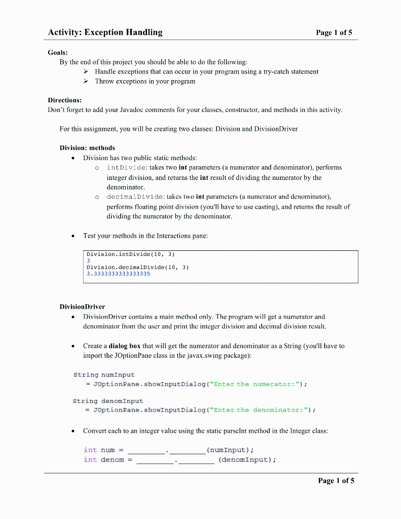 Solved Activity: Exception Handling Page 1 of 5 Goals: By | Chegg.com