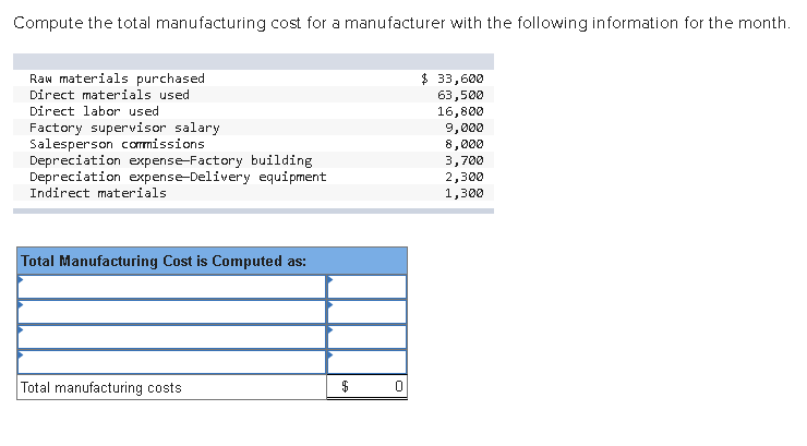 Solved Compute the total manufacturing cost for a | Chegg.com