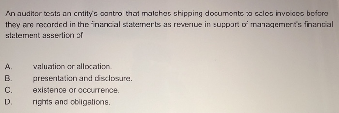 Solved An auditor tests an entity's control that matches | Chegg.com