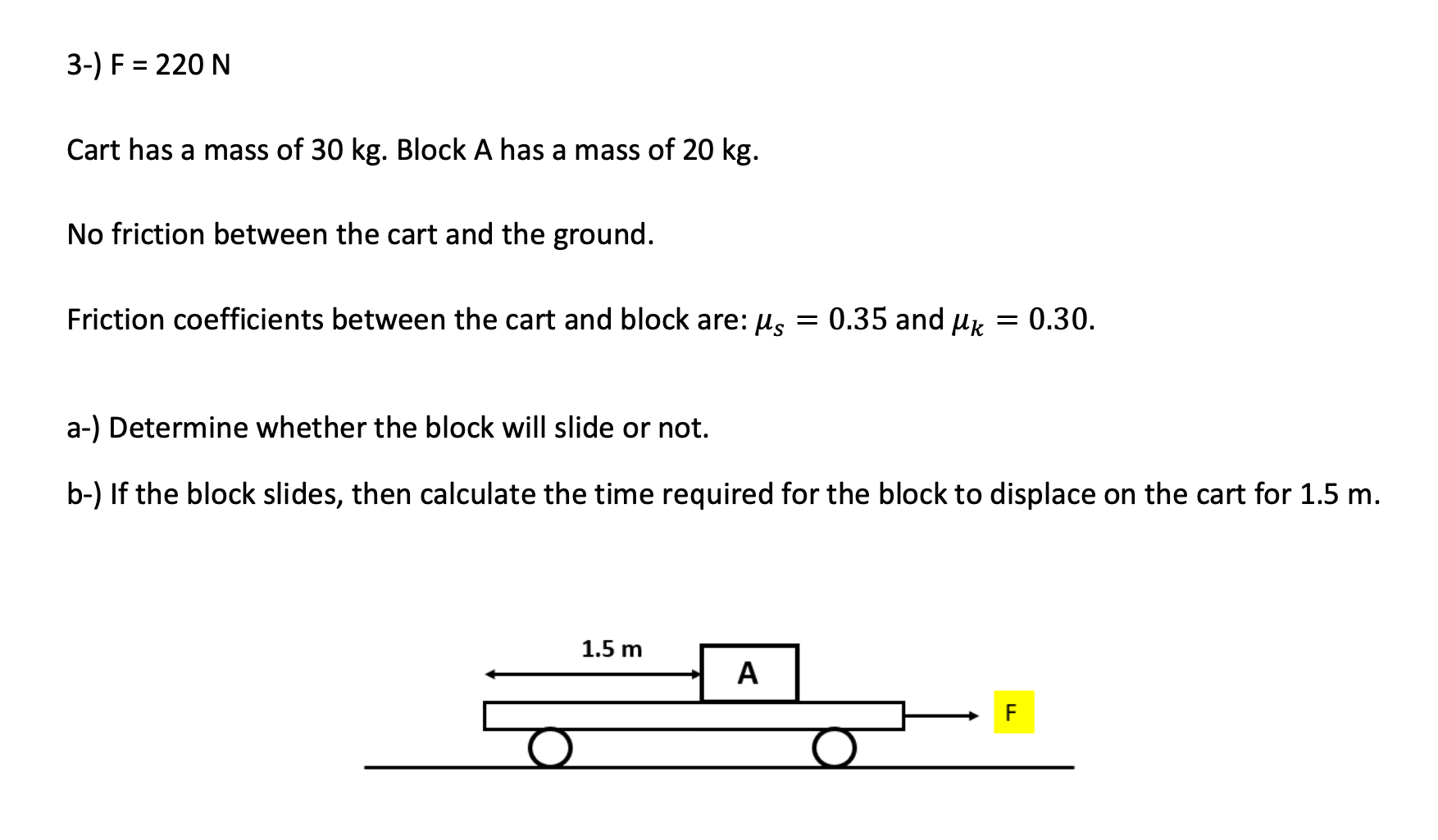 Solved 3-) F=220 N Cart has a mass of 30 kg. Block A has a | Chegg.com