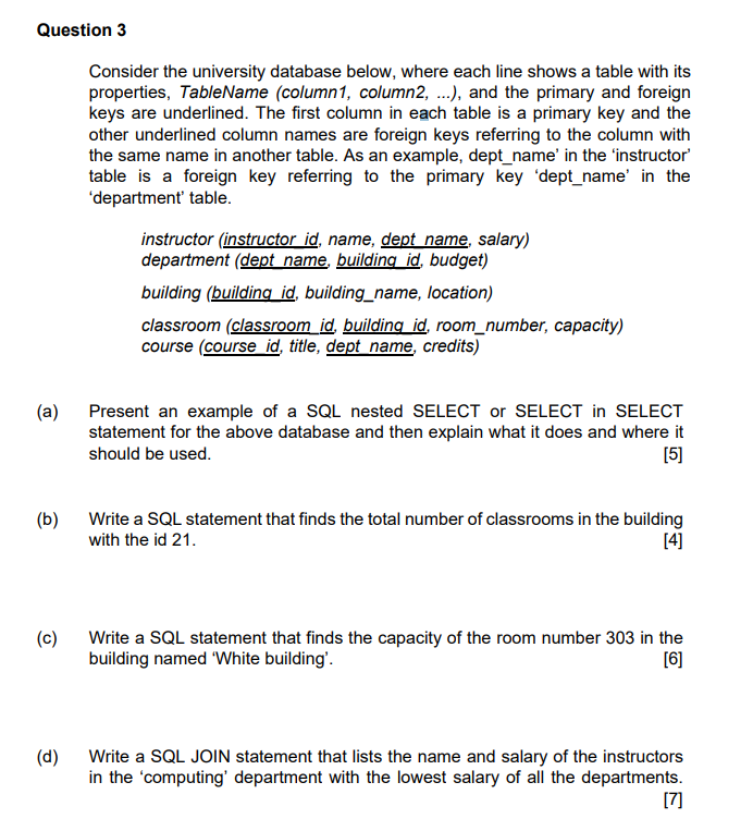 Solved Question 3 Consider the university database below, | Chegg.com