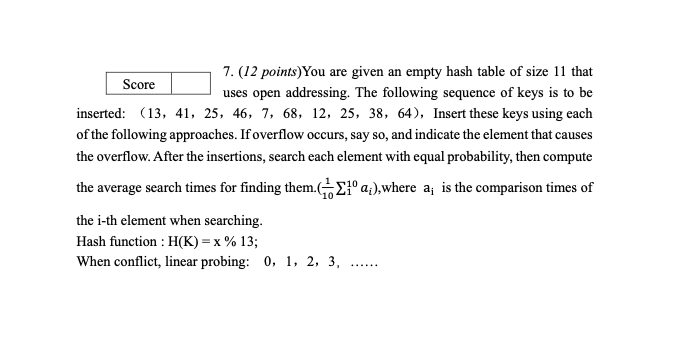 Solved 7. (12 points) You are given an empty hash table of | Chegg.com