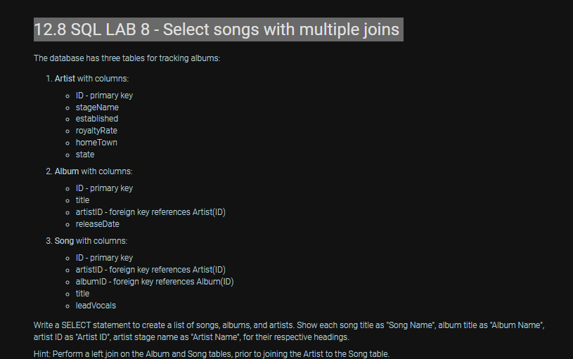 Solved 12.8 SQL LAB 8 - Select songs with multiple joins - | Chegg.com