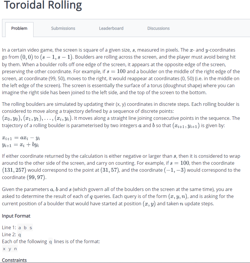 Solved Toroidal Rolling Problem Submissions Leaderboard | Chegg.com