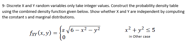 Solved 9- Discrete X and Y random variables only take | Chegg.com