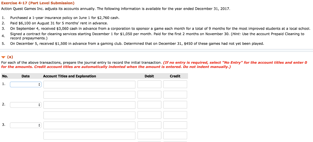 Solved Exercise 4-17 (Part Level Submission) Action Quest | Chegg.com