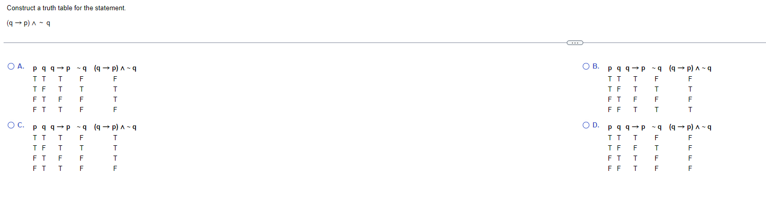 Solved Construct a truth table for the statement. (q→p)∧∼q | Chegg.com