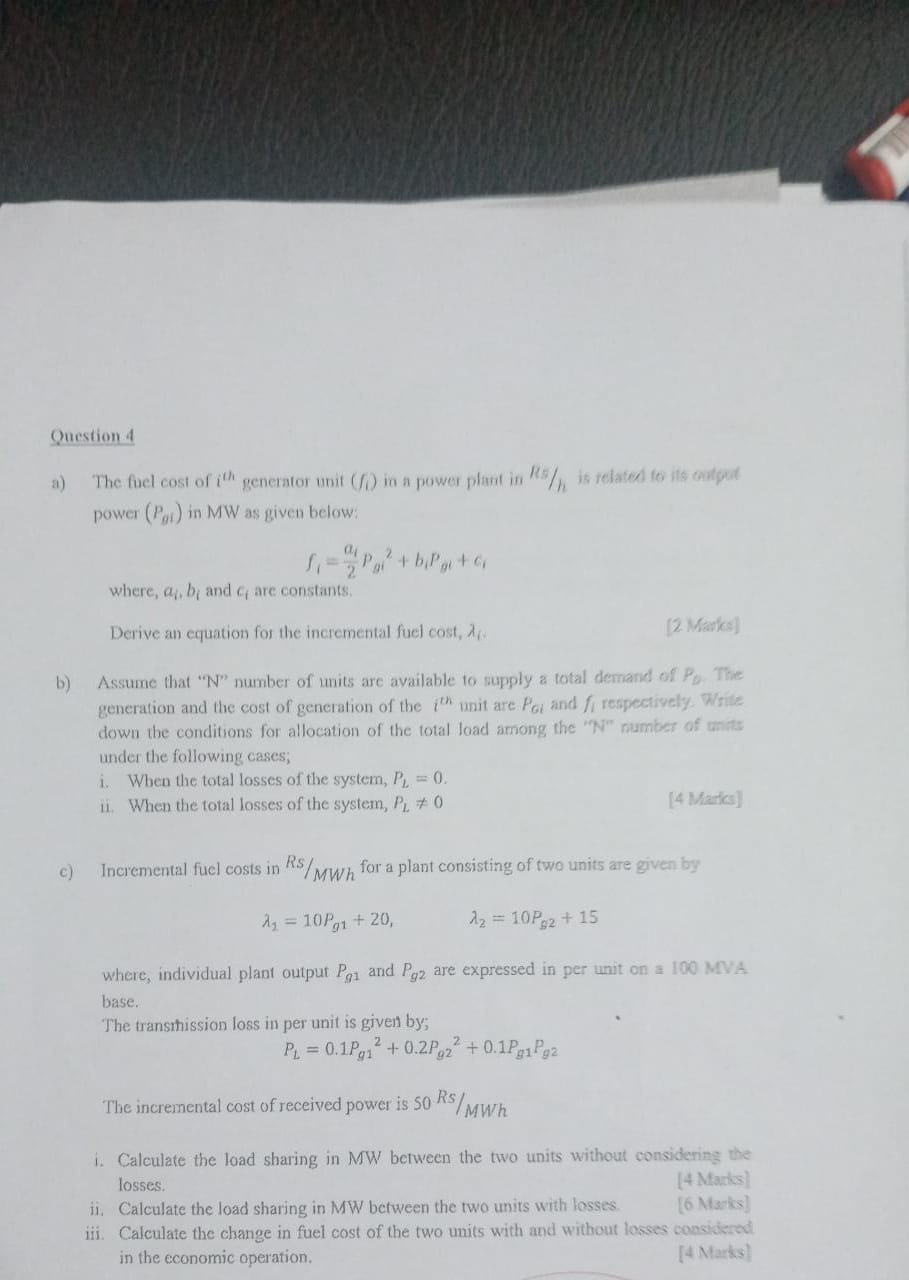 Solved a) The fuel cost of ith generator unit (fi) in a | Chegg.com