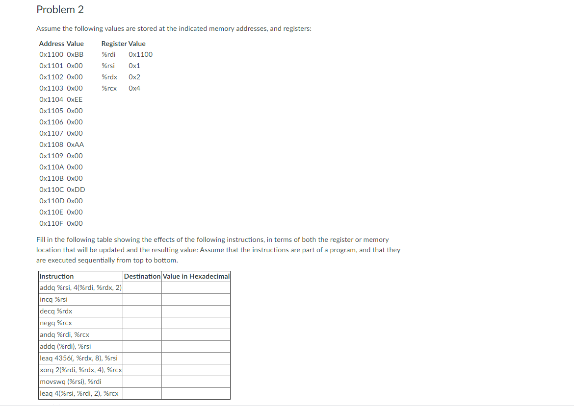 Problem 2 Assume the following values are stored at | Chegg.com