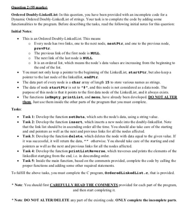 Solved Question 2 (55 marks) Ordered Doubly-Linked List: In | Chegg.com