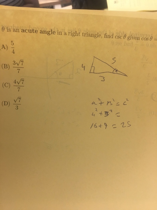 Solved Theta is an acute angle in a right triangle, find csc | Chegg.com
