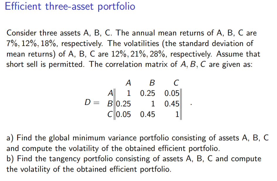 Solved Efficient three-asset portfolio Consider three assets | Chegg.com