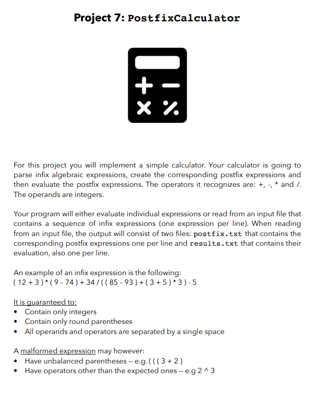 Project 7: PostfixCalculator For this project you | Chegg.com