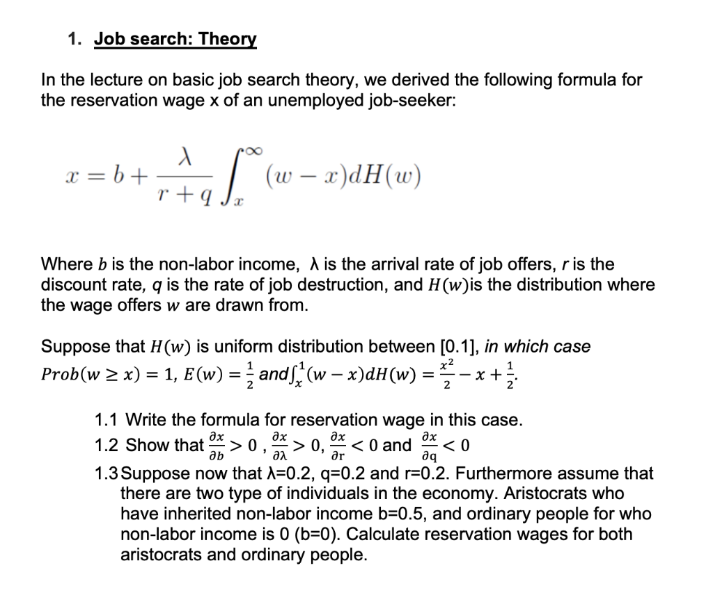 1. Job search: Theory In the lecture on basic job | Chegg.com
