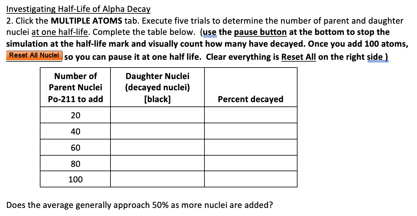 Investigating Half-Life of Alpha Decay 2. Click the | Chegg.com