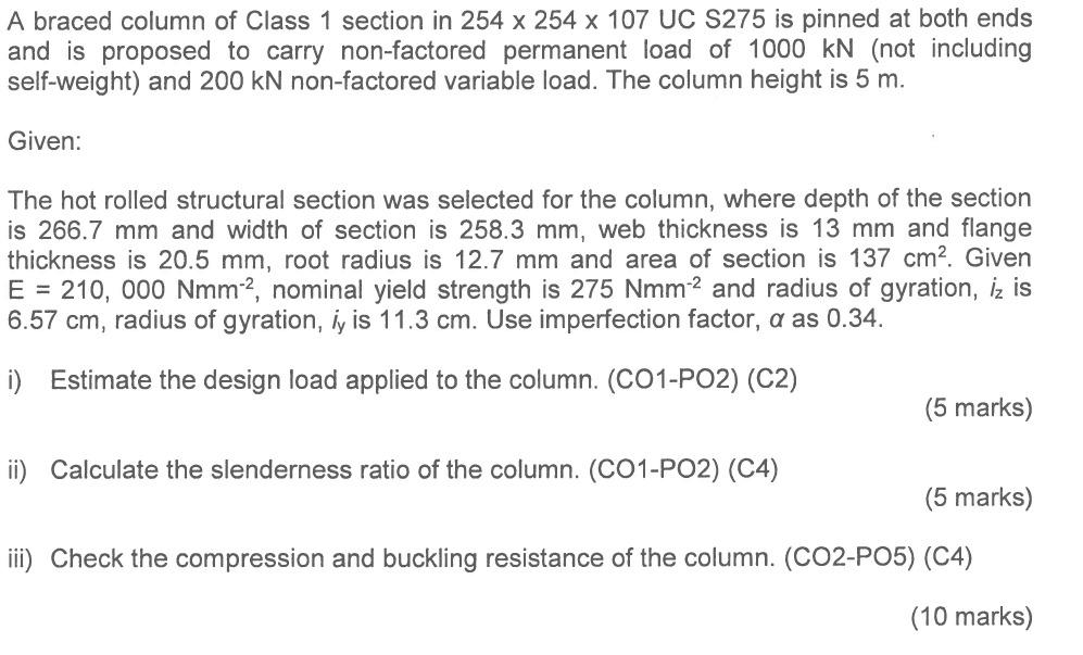 A braced column of Class 1 section in 254 x 254 x 107 | Chegg.com