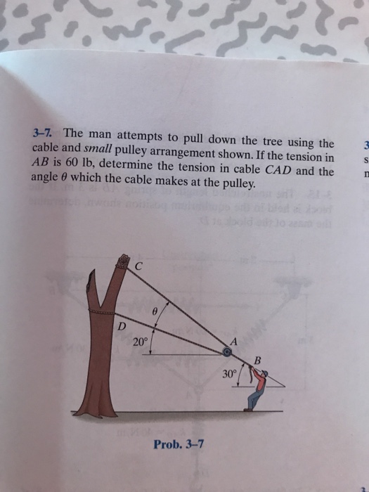 Solved 3-7. The man attempts to pull down the tree using the | Chegg.com