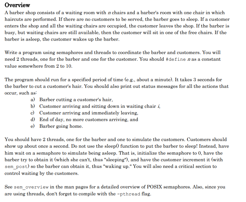 Solved TASK 2 Sleeping Barber Problem DUE: 05/14/2023 Find | Chegg.com