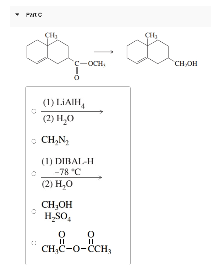 Solved Part C CH3 CH C- OCH CH OH O (1) LiAIH (2) H2O o | Chegg.com