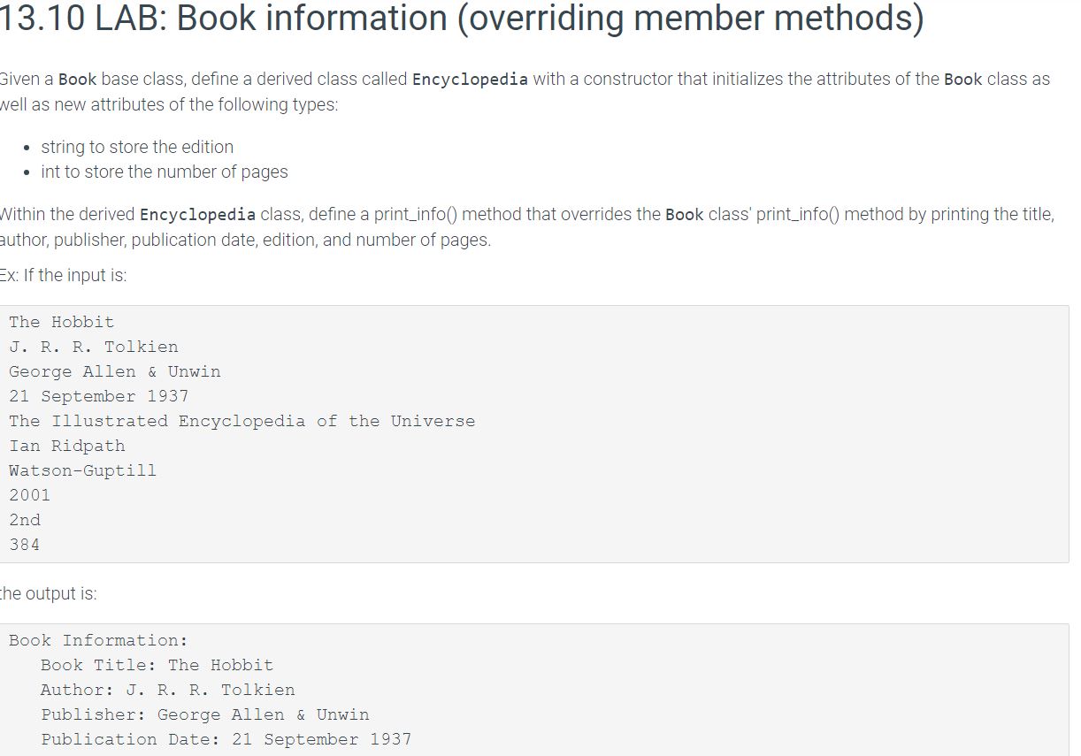 Solved 13.10 ﻿LAB: Book information (overriding member | Chegg.com