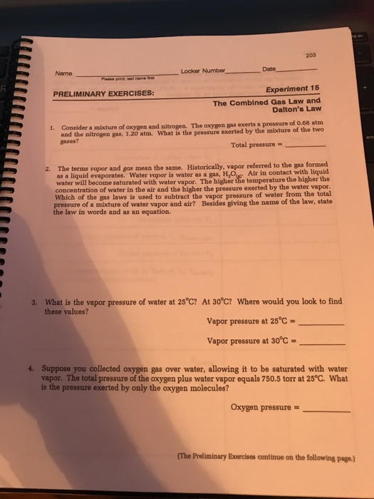 Solved 203 Name Locker Number Date Experiment 15 PRELIMINARY | Chegg.com