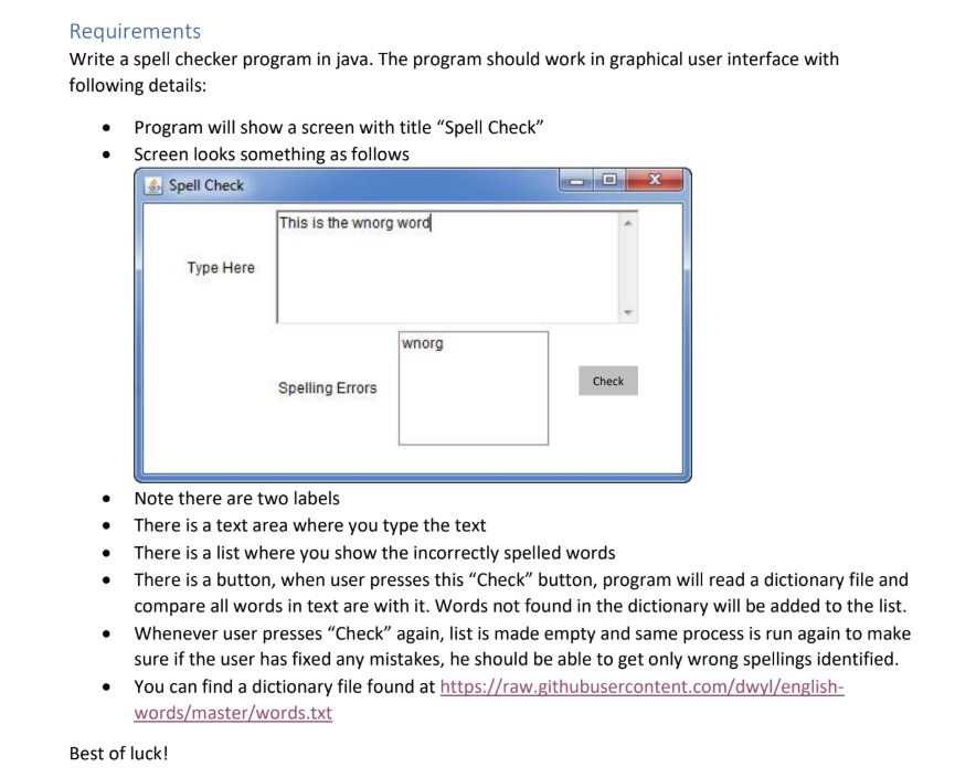 Requirements Write a spell checker program in java. | Chegg.com