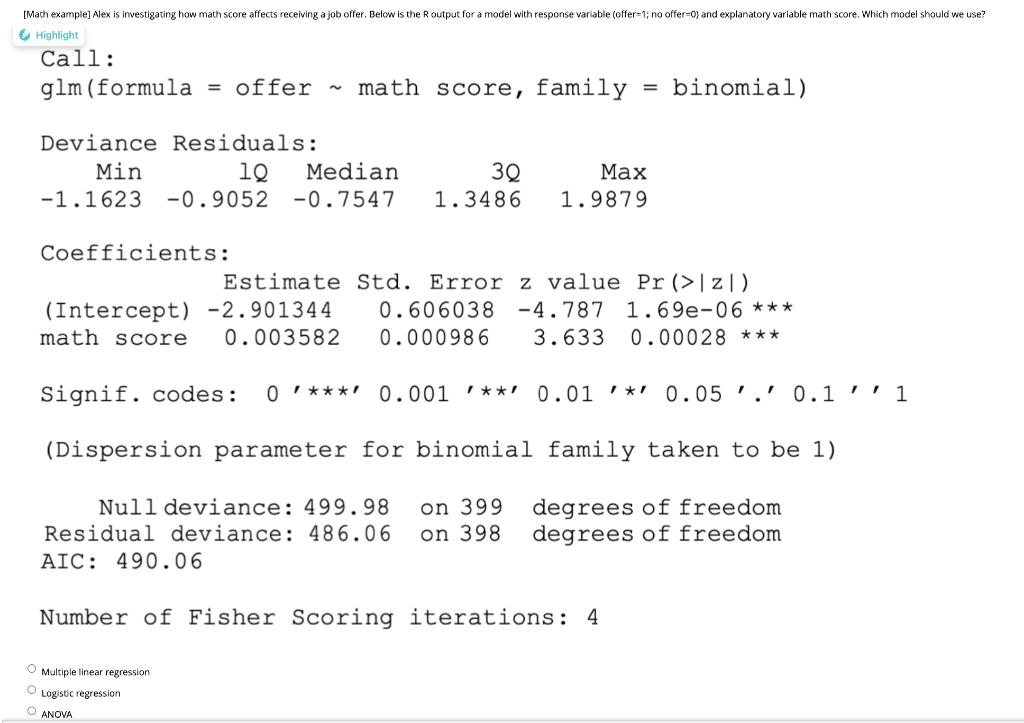 Solved Call: glm(formula = offer ∼ math score, family = | Chegg.com