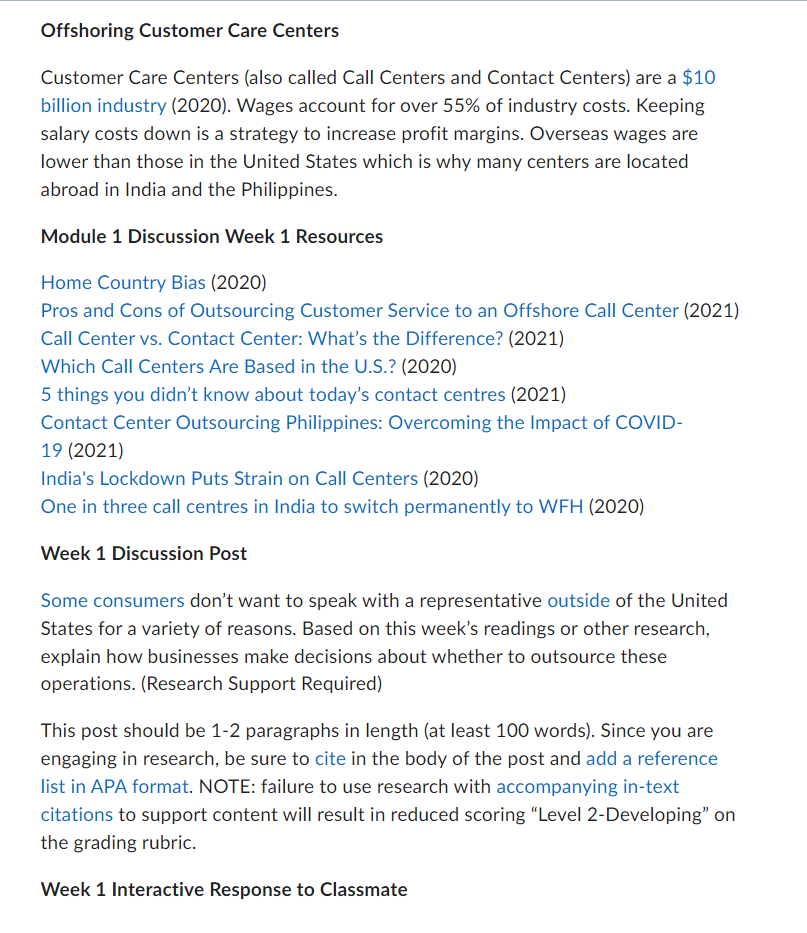 Solved Offshoring Customer Care Centers Customer Care | Chegg.com