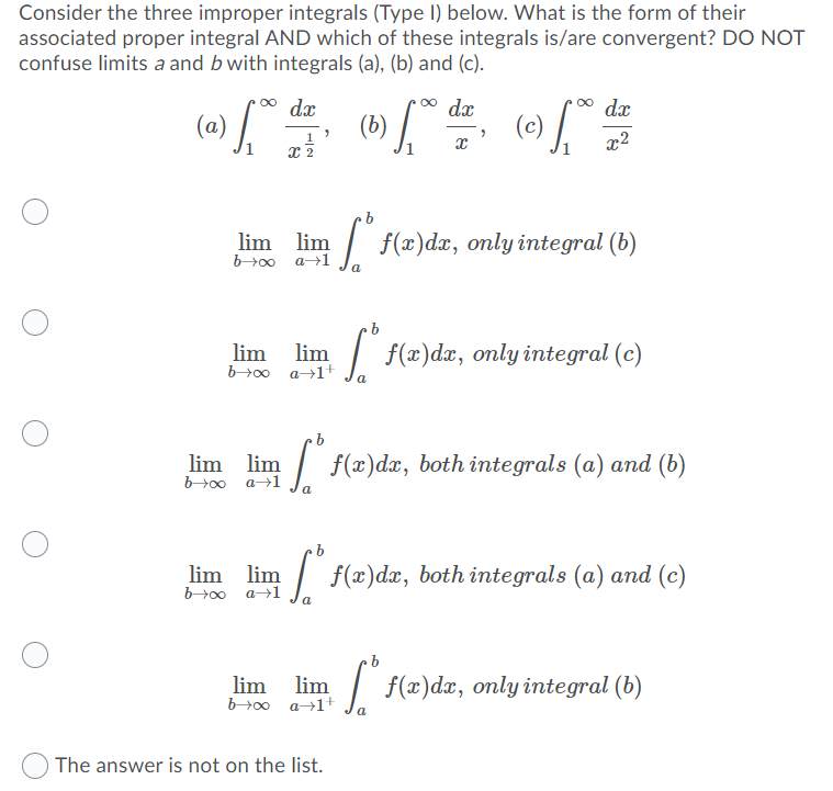 Solved Consider the three improper integrals (Type 1) below. | Chegg.com