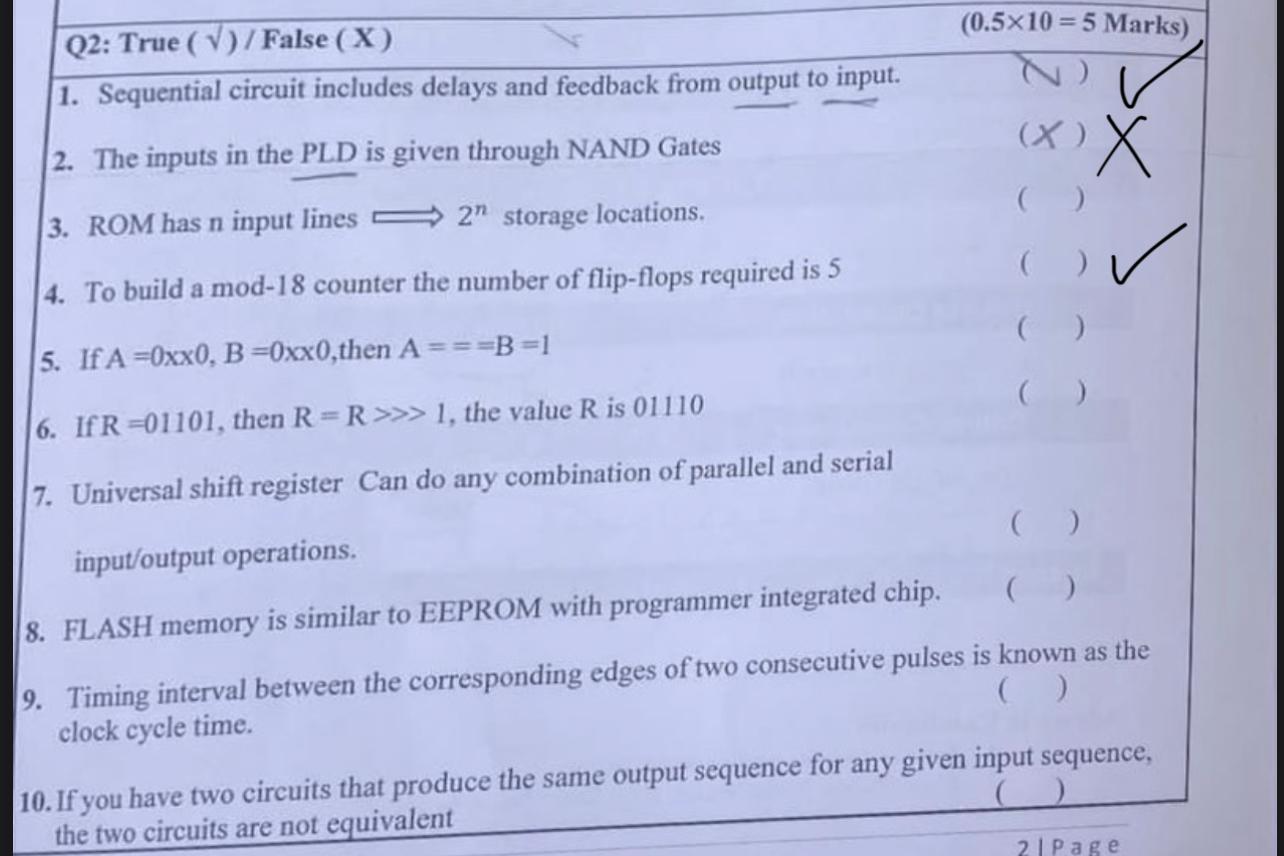 Solved Q2: True () / False (X) 1. Sequential circuit | Chegg.com