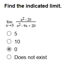 Solved Find the indicated limit. limx→5x2−9x+20x2−255100 | Chegg.com