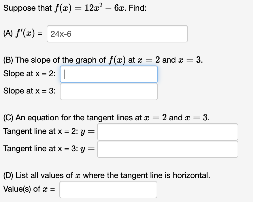 Solved Suppose that f(x)=12x2-6x. ﻿Find:(A) f'(x) ﻿:(B) ﻿The | Chegg.com