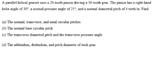 Solved A parallel helical gearset uses a 20-tooth pinion | Chegg.com